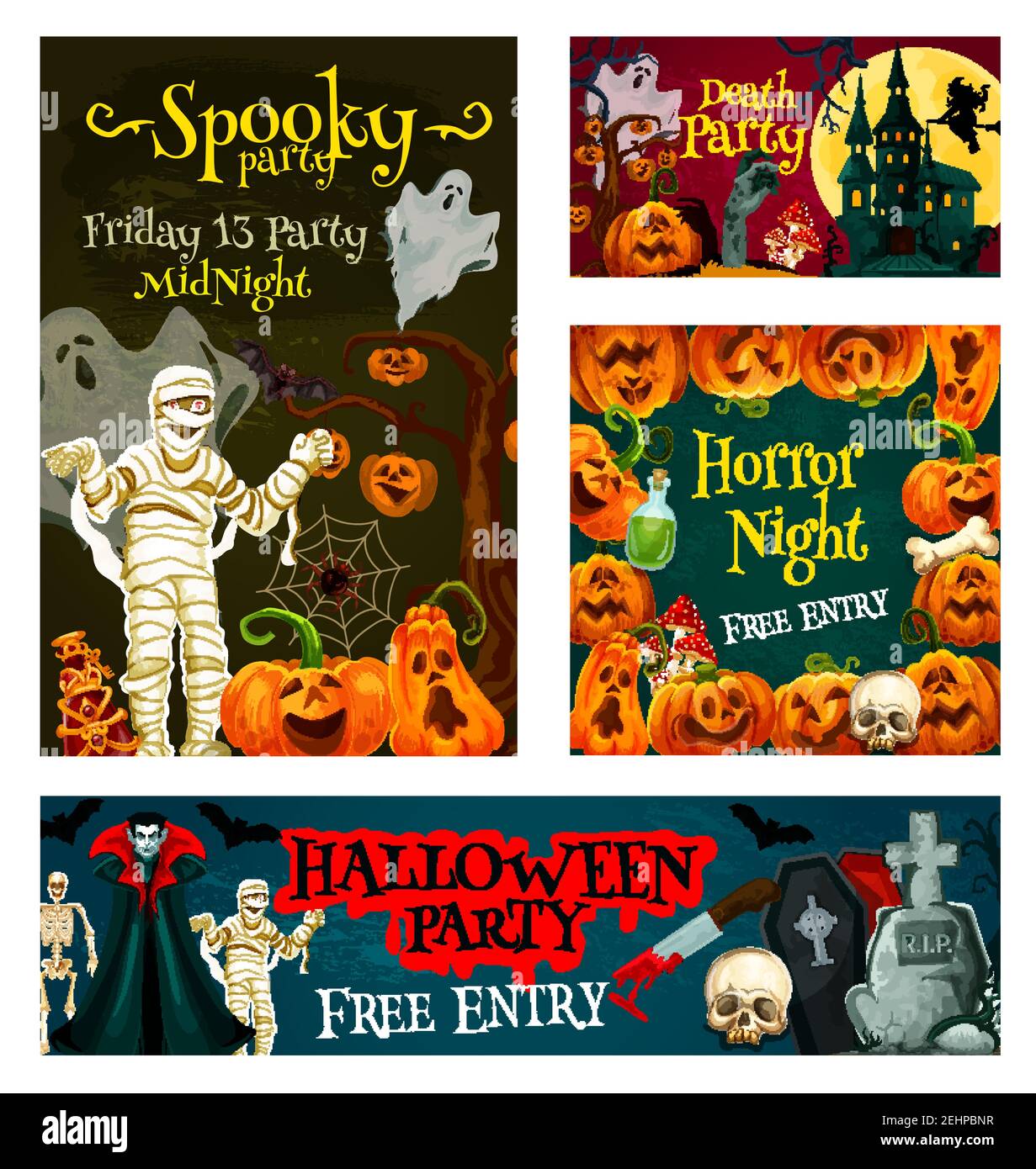 Halloween party posters for spooky trick or treat night invitation ...