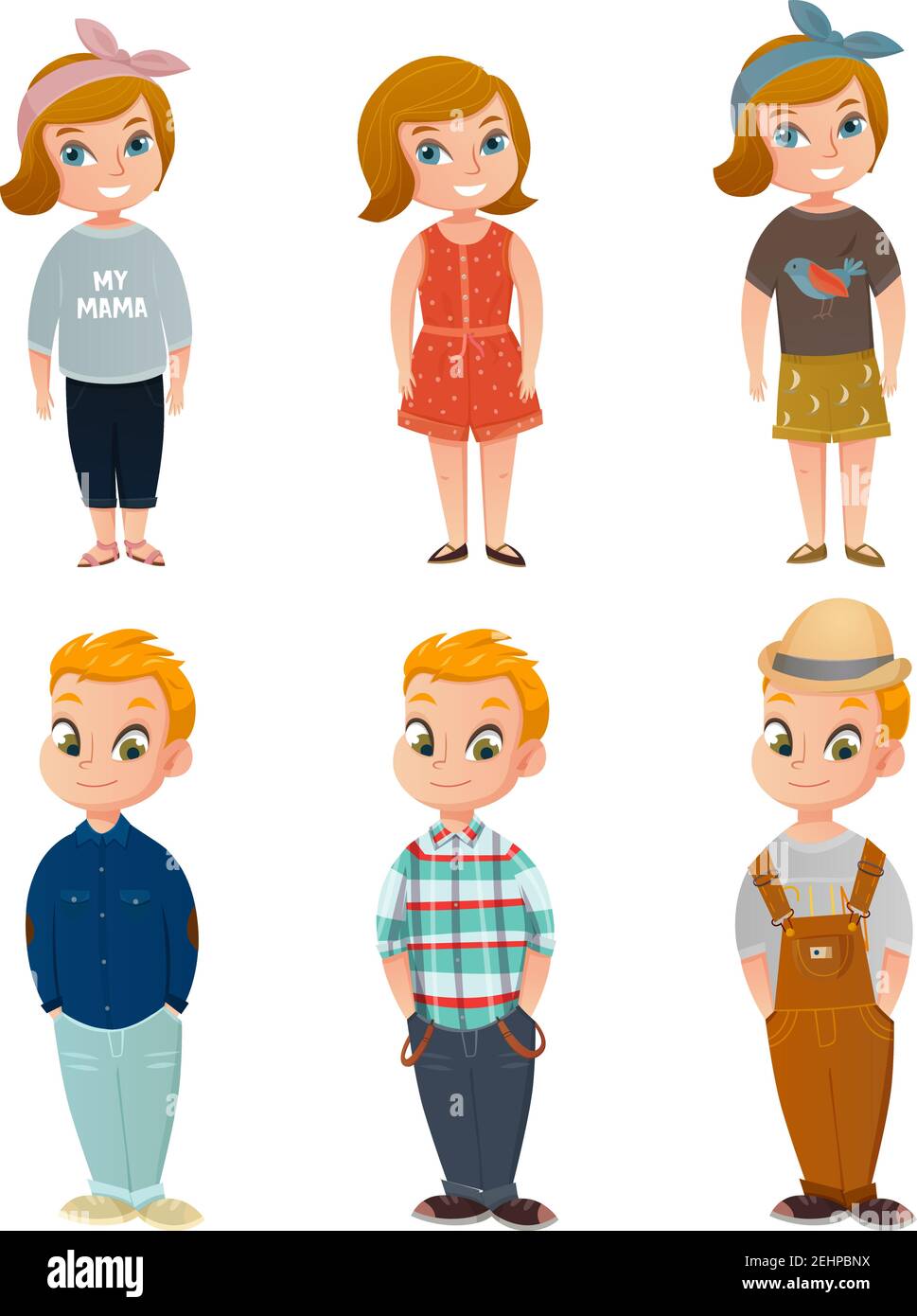 Cartoon set of cute children wearing colorful casual clothing and ...