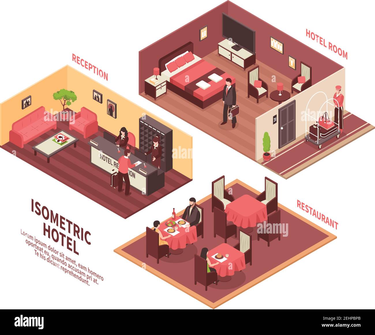 Colored isometric hotel illustration with three rooms reception hotel ...