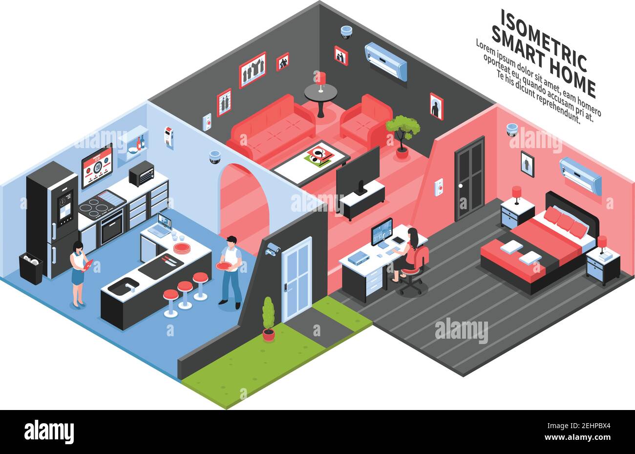 Colored isometric smart home composition with three room and technology at home vector ...