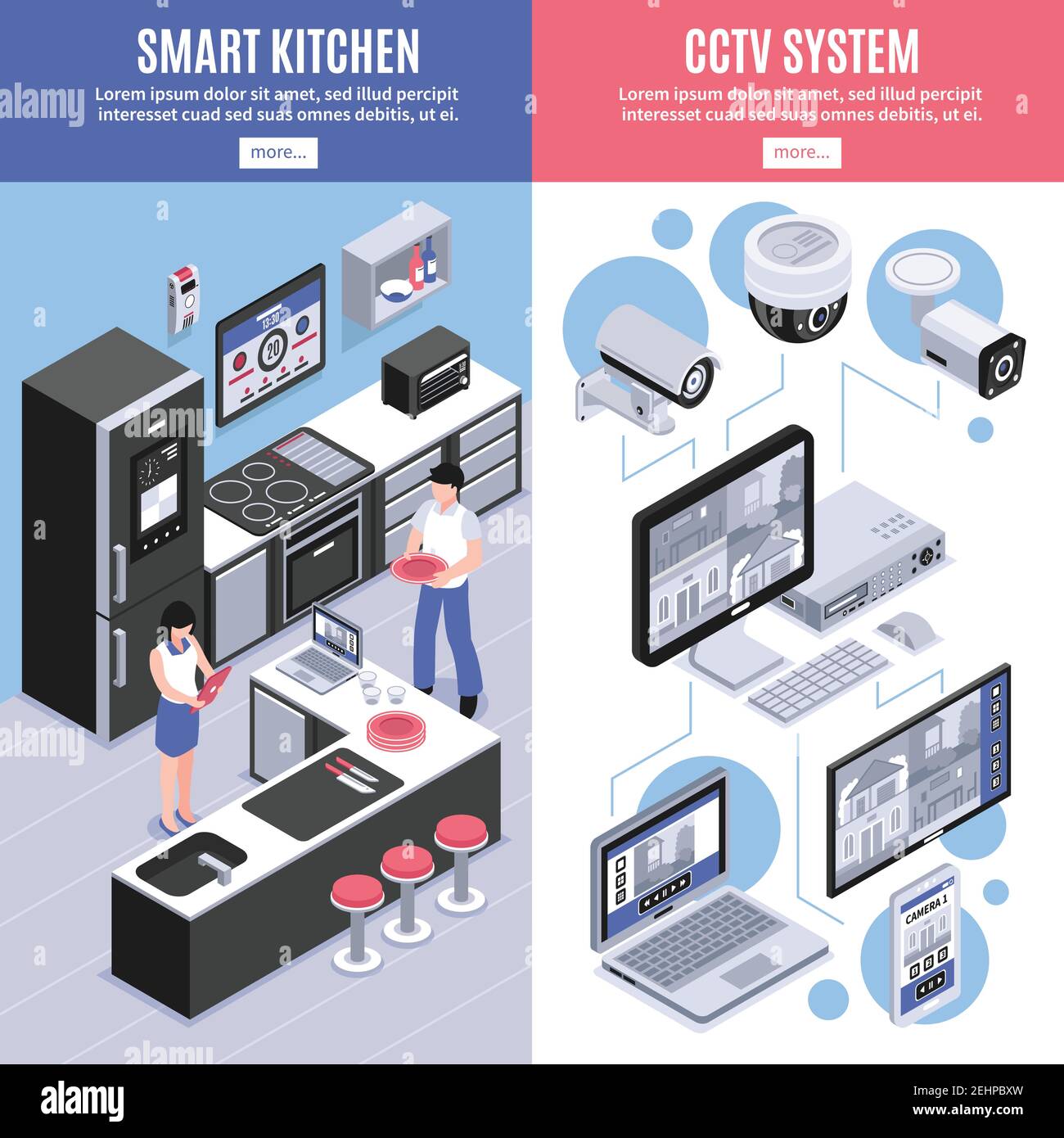 Two colored isometric smart home banner set with smart kitchen and cctv ...