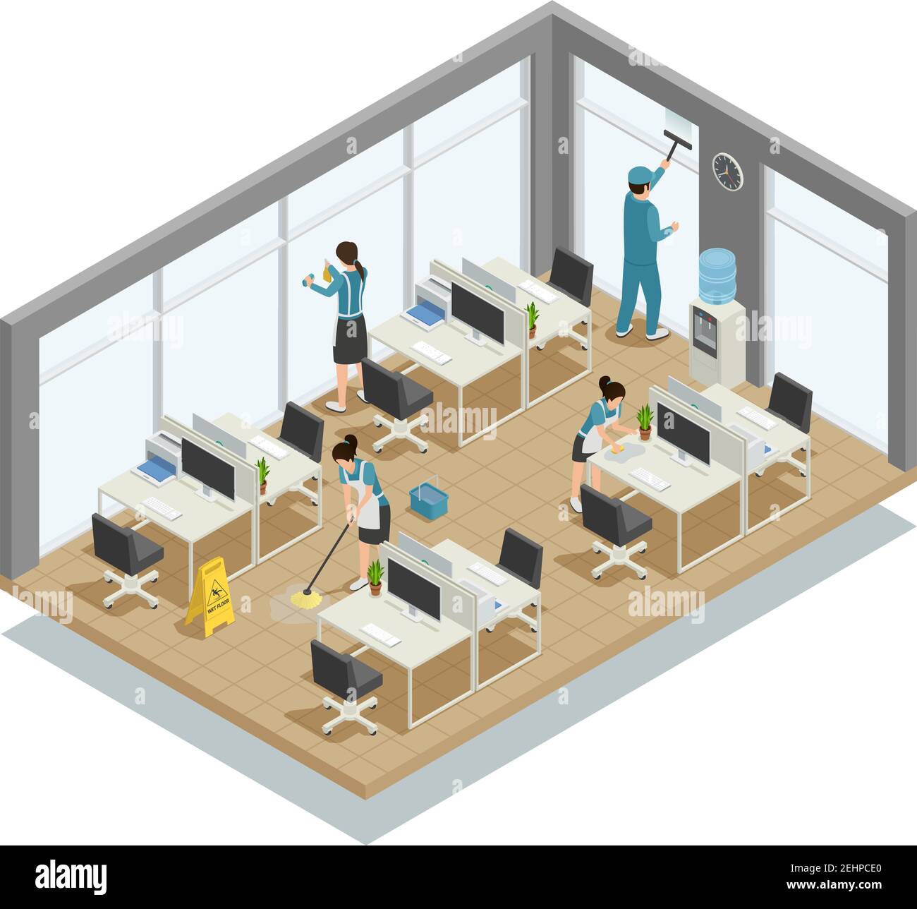 Office cleaning isometric composition with workers team in uniform ...