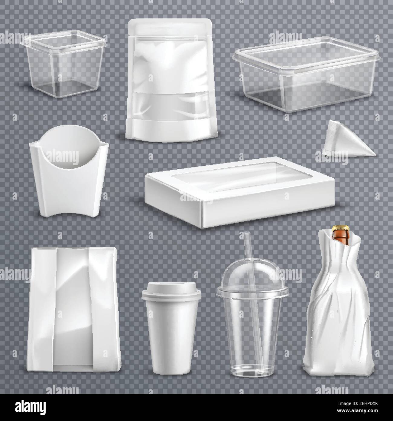 Fastfood empty blank packages realistic templates set with clear ...