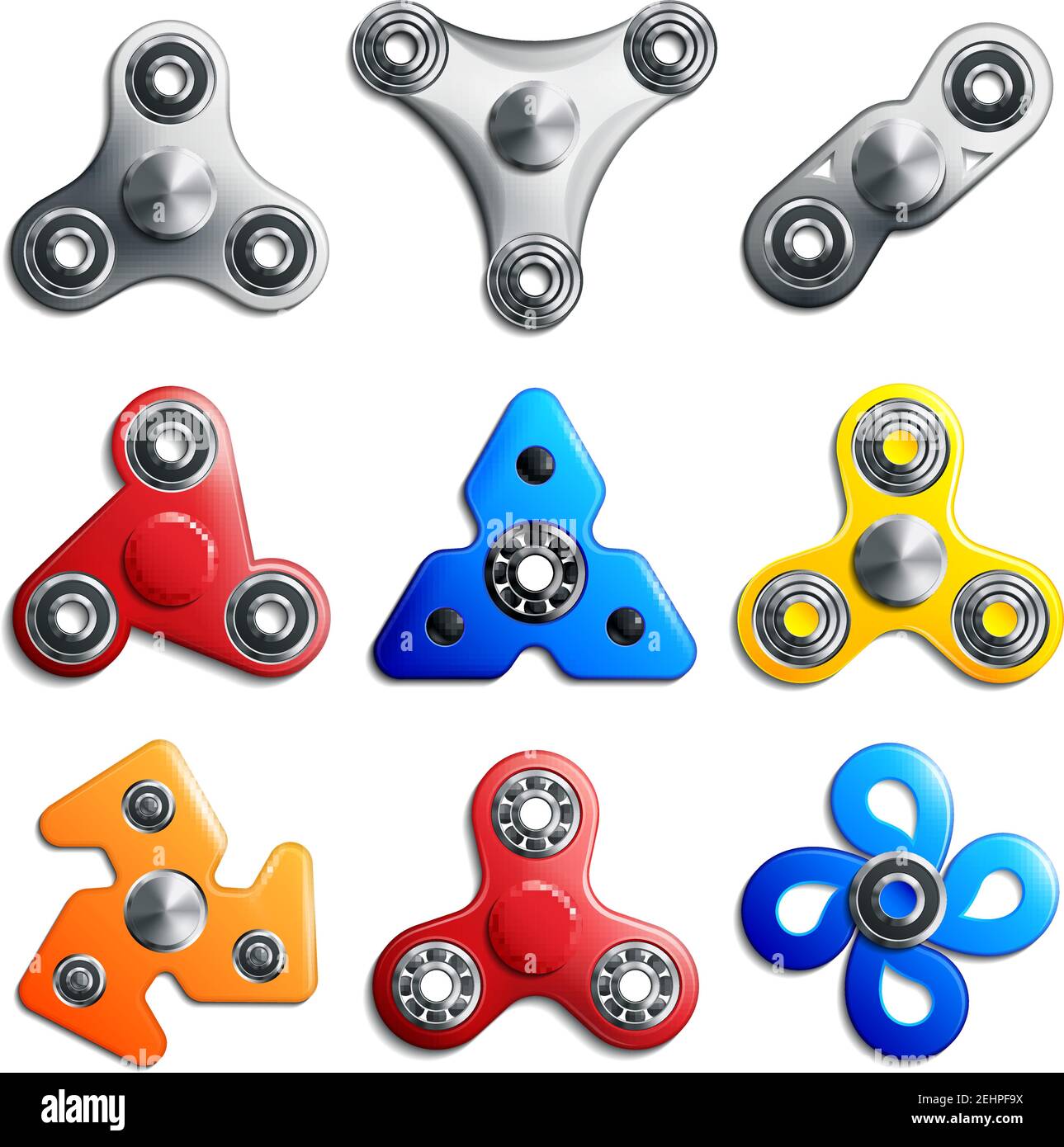 Set of hand spinner toys of various color and shape on white background ...