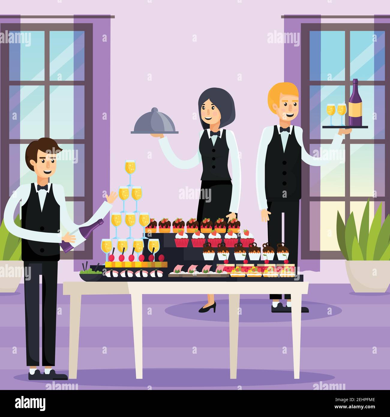 Catering orthogonal composition with waiters with trays and bottles ...