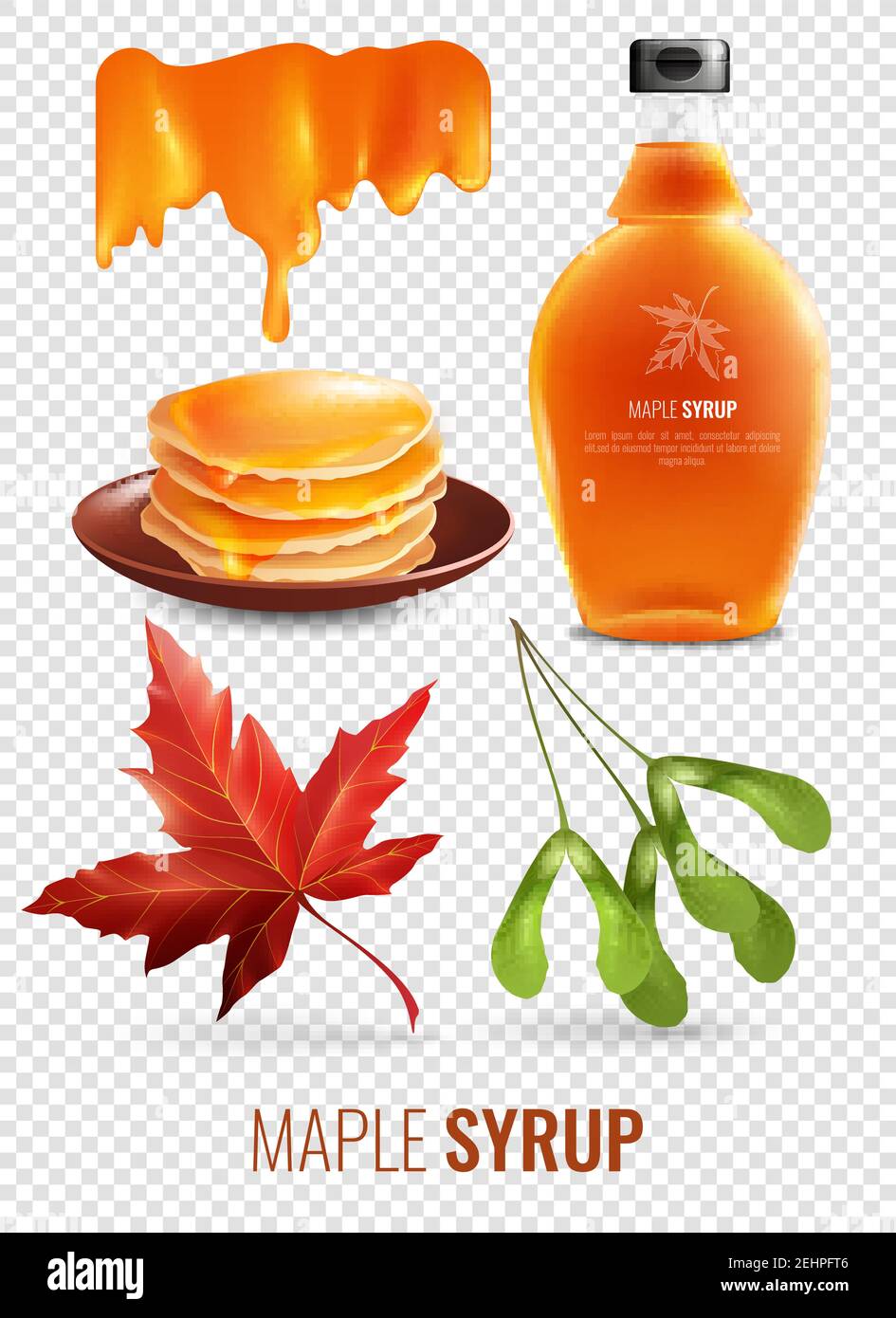 Maple syrup isolated elements set on transparent background with red ...