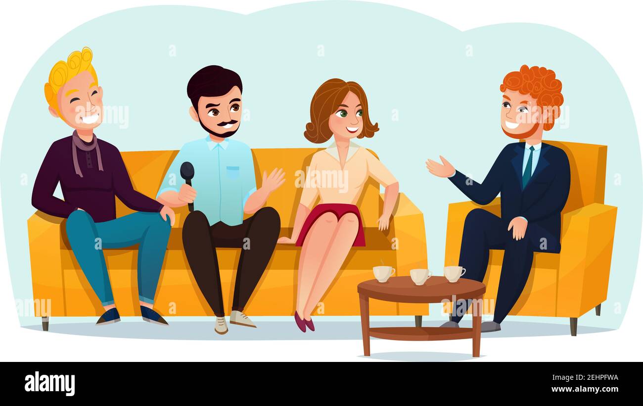 Three smiling talk show participants sitting on yellow sofa cartoon ...