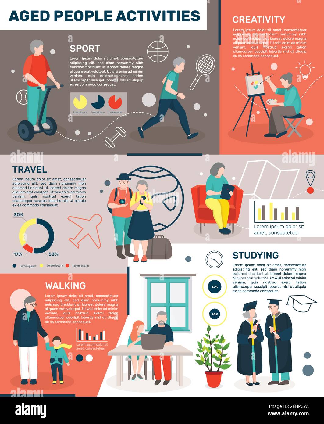 Modern aged people flat infographics with doodle style images of ...