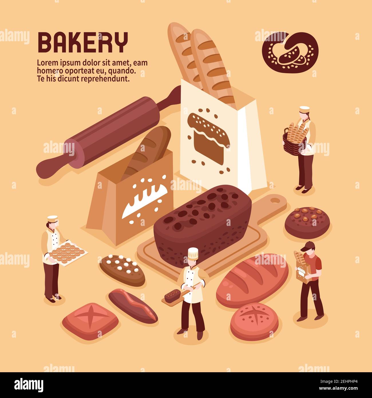 Bakery isometric concept with fresh bread bakers and delivery person 3d ...