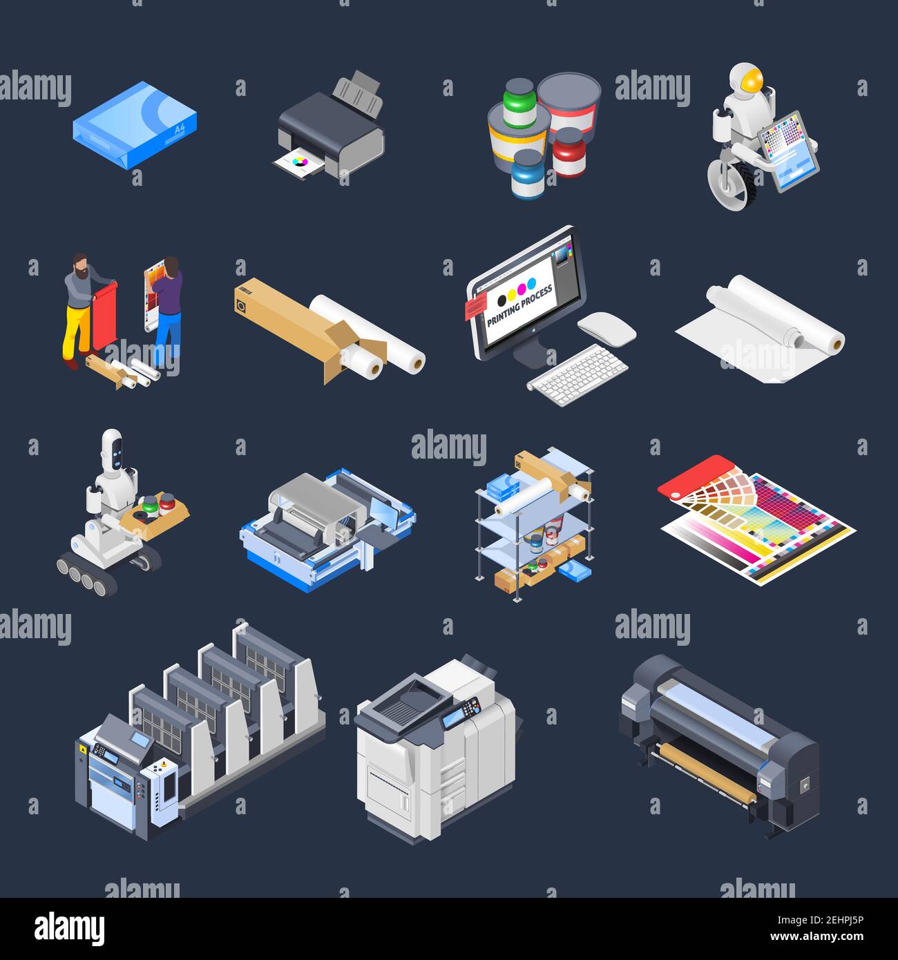 Printing house polygraphy industry isometric icons set of isolated computer peripherals printer ...