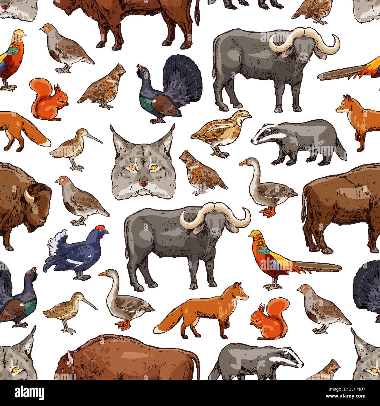 Animals sketch seamless pattern. Vector background of wild hunt and ...