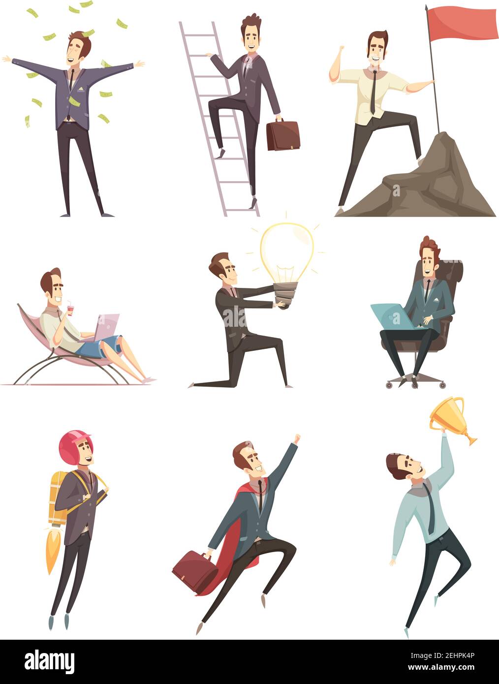 Business success retro cartoon icons collection with businessman winner in money rain moving ...