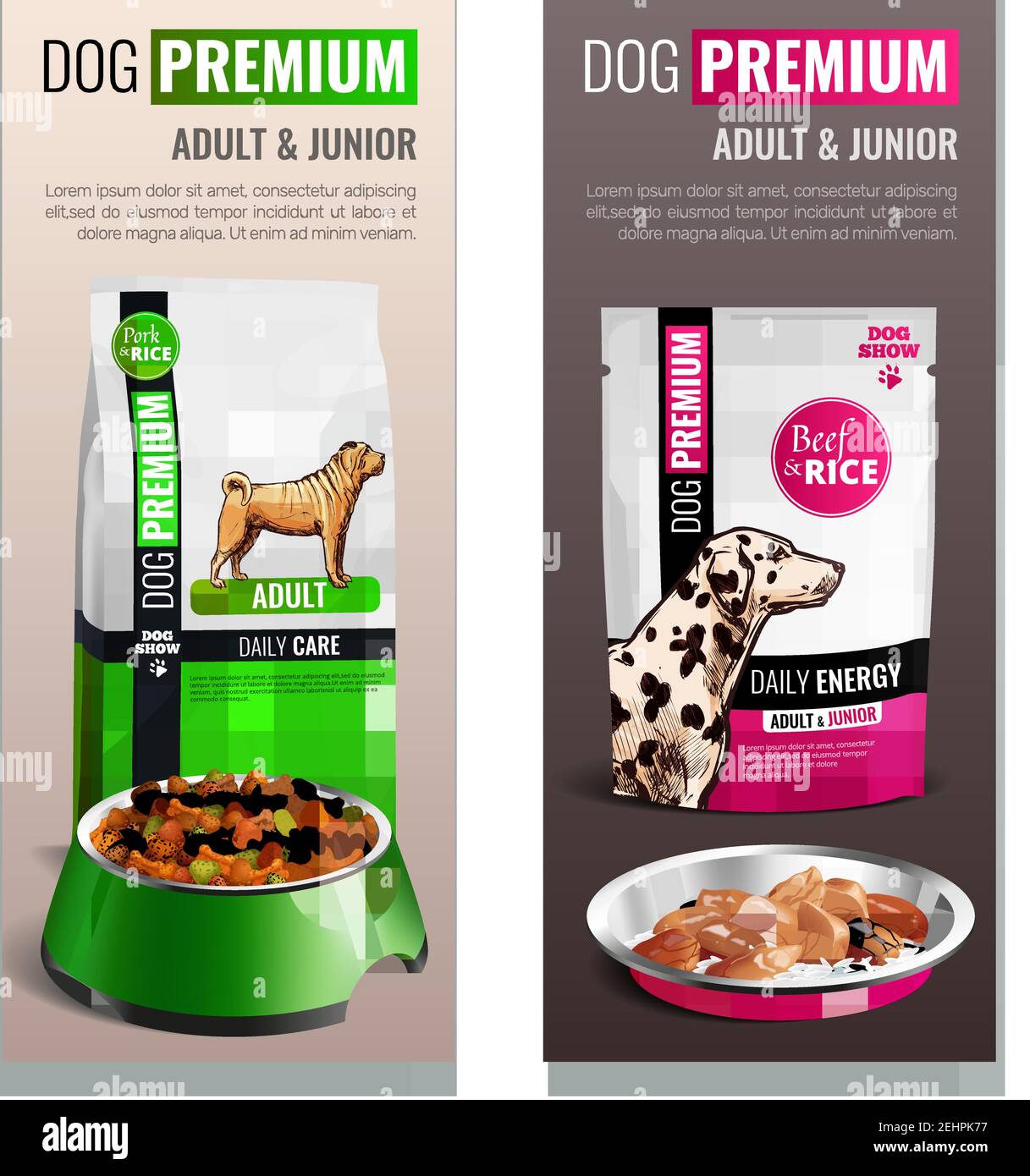 Two dog food vertical banner set with dog premium adult and junior ...