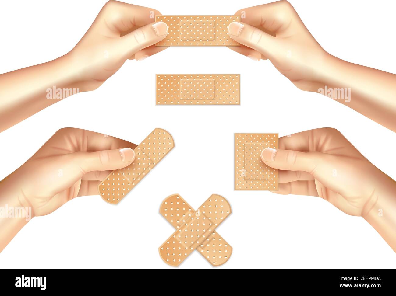 Hands holding beige medical plasters of various shape realistic set on ...
