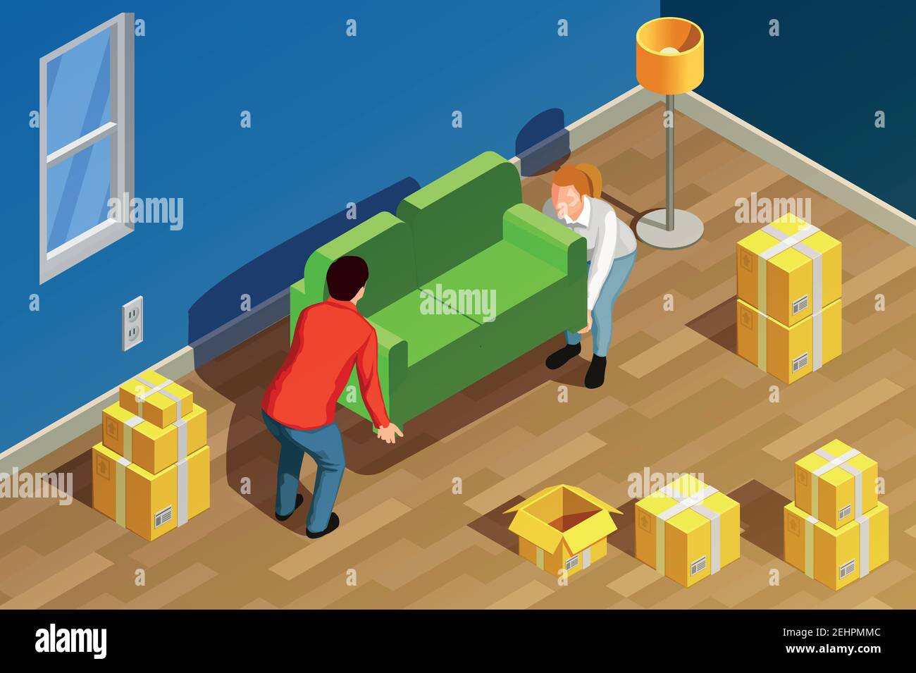 Moving people isometric composition with new residence room interior ...