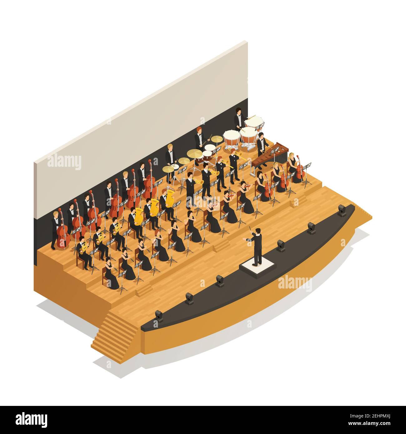 Big orchestra playing classical music on stage with conductor 3d ...