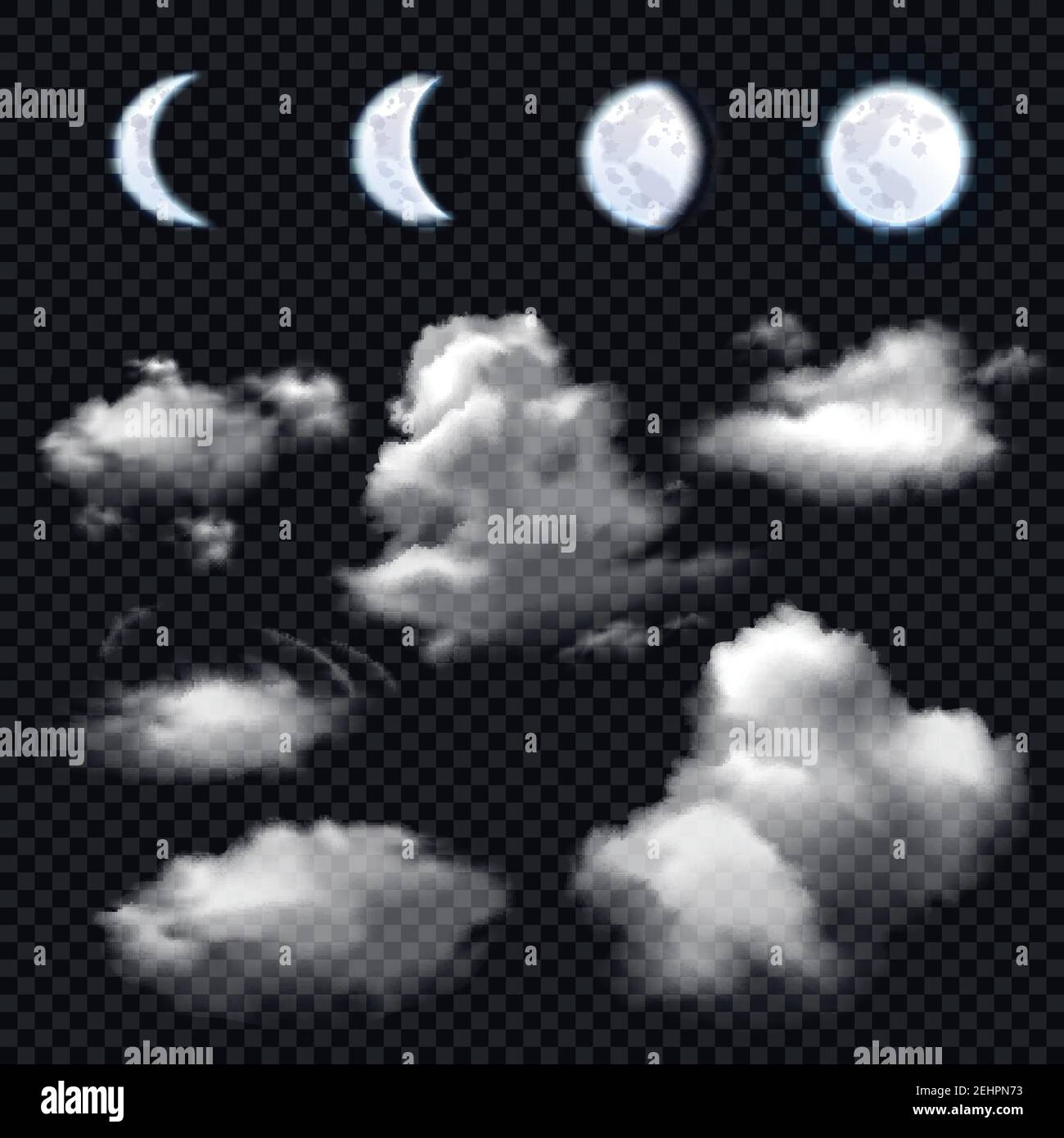 Realistic set of four phases of moon and different cloud shapes on ...