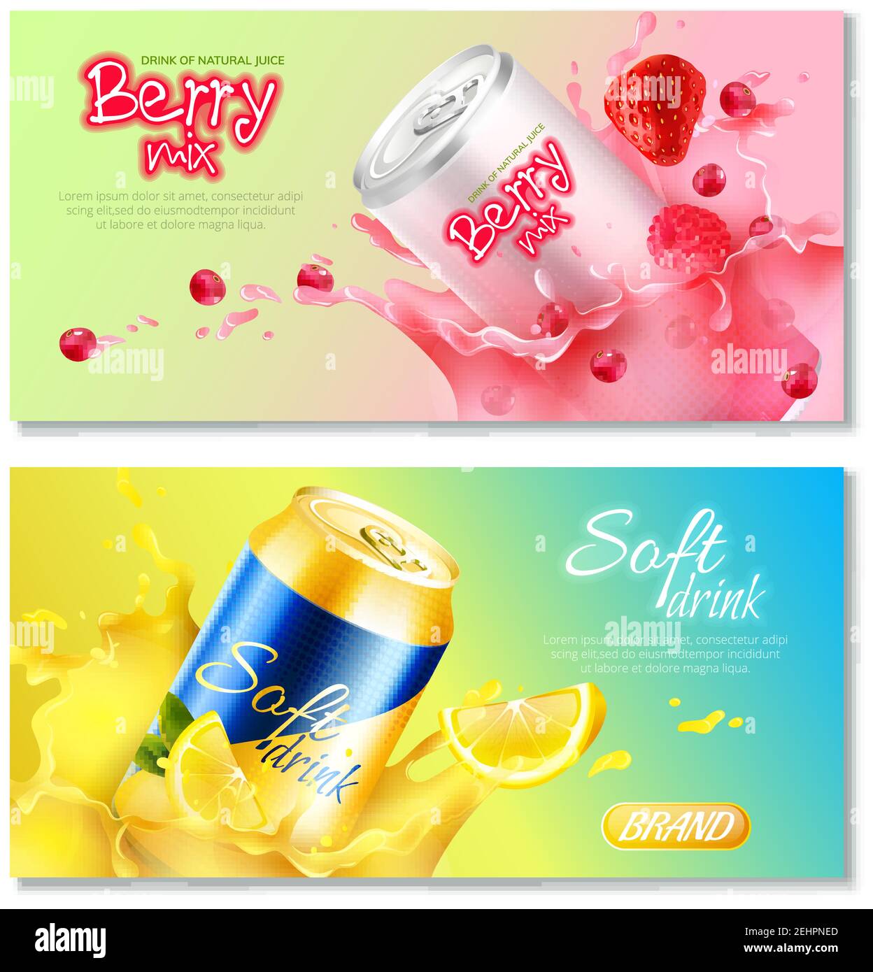 Two colored aluminum cans drinks horizontal banner set with drink ...