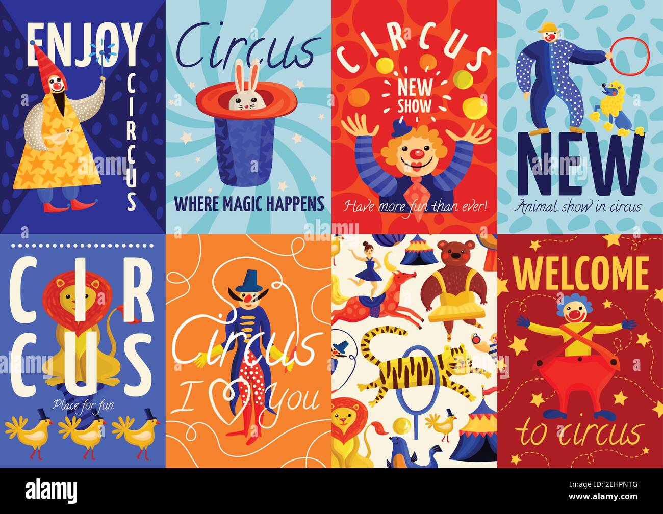 Set of circus posters and banners with clown, magician, trained animals on colorful backgrounds ...