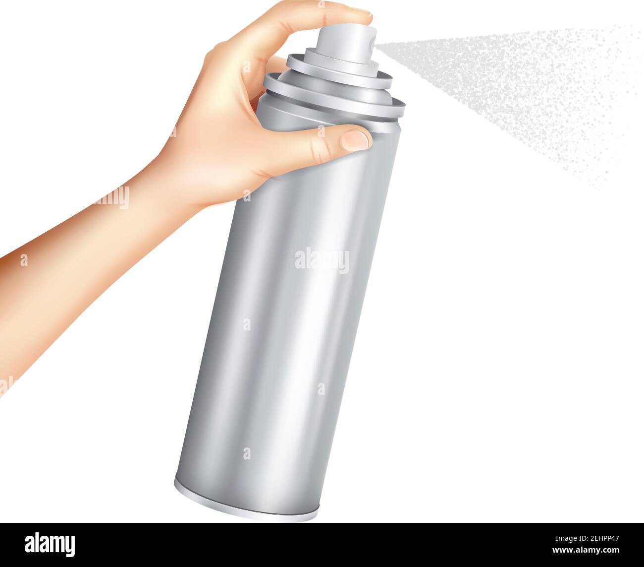 Hand holding and pressing down nozzle of aluminium aerosol can spraying ...