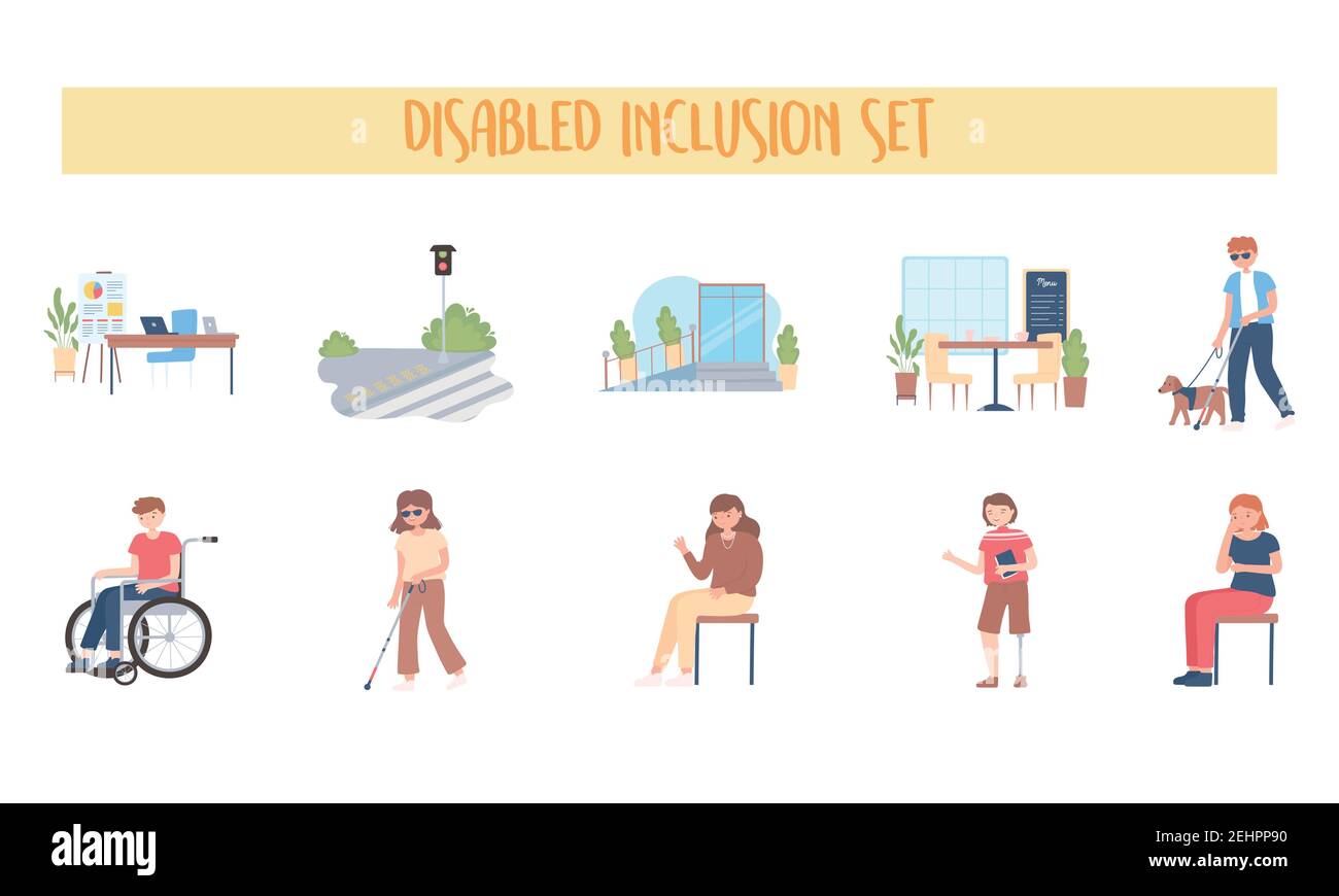 disabled inclusion set people activity work walking vector cartoon ...
