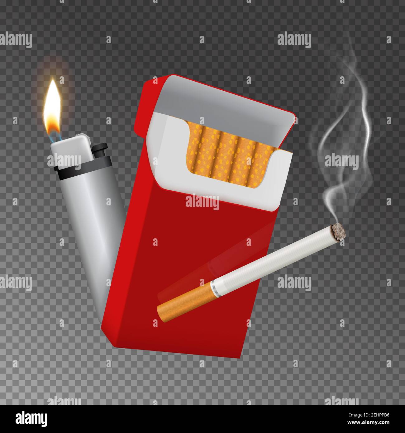 Realistic burning cigarette with smoke, red carton pack, lighter with ...