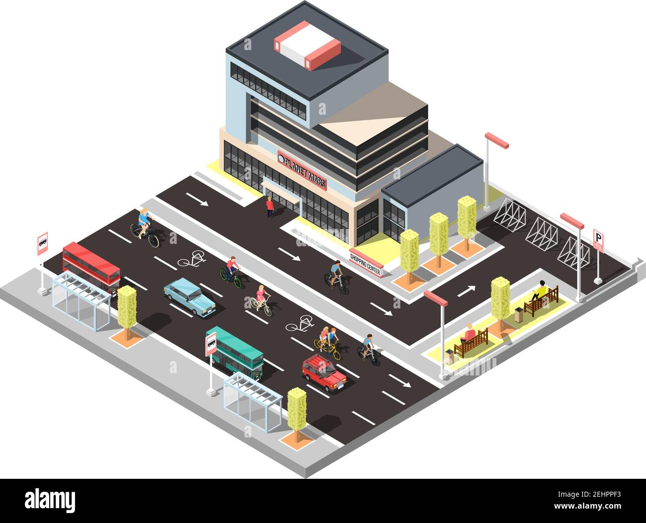 City constructor isometric fragment with modern town building stop for ...