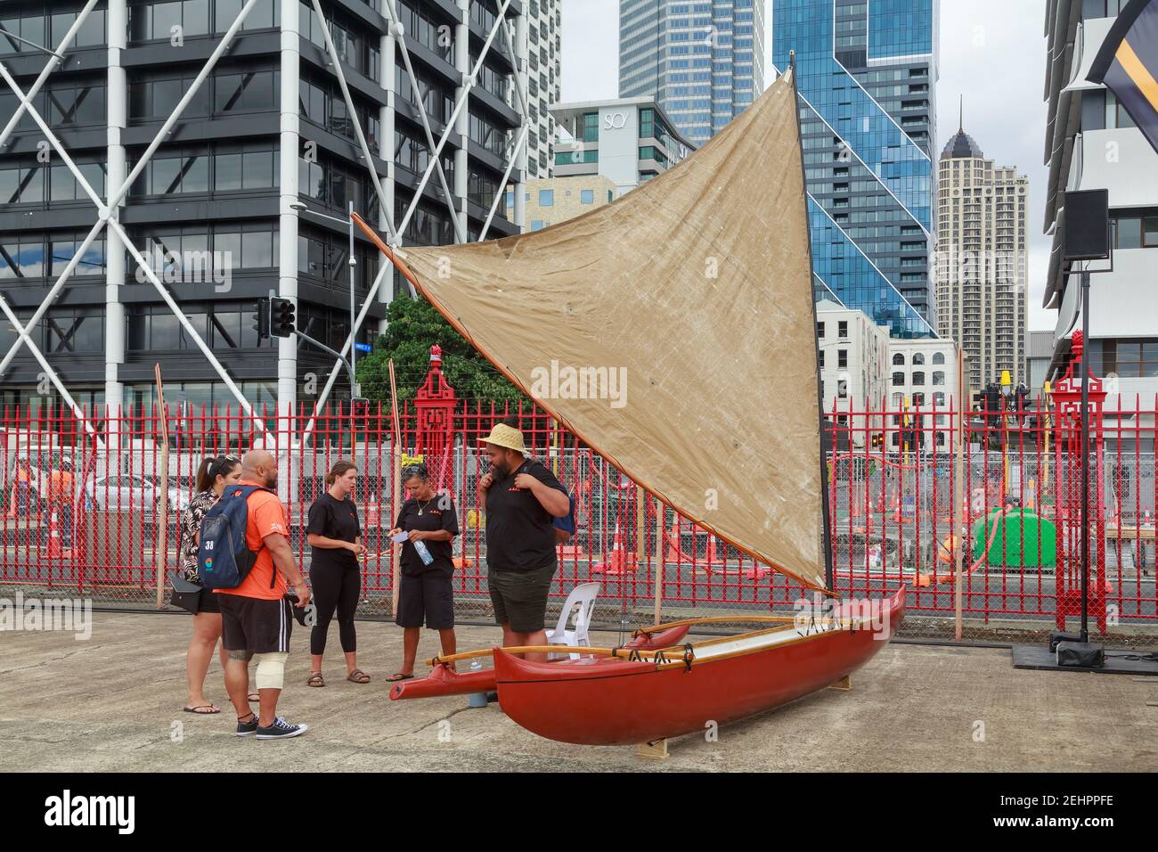 A small Polynesian outrigger canoe on display in Auckland, New Zealand ...