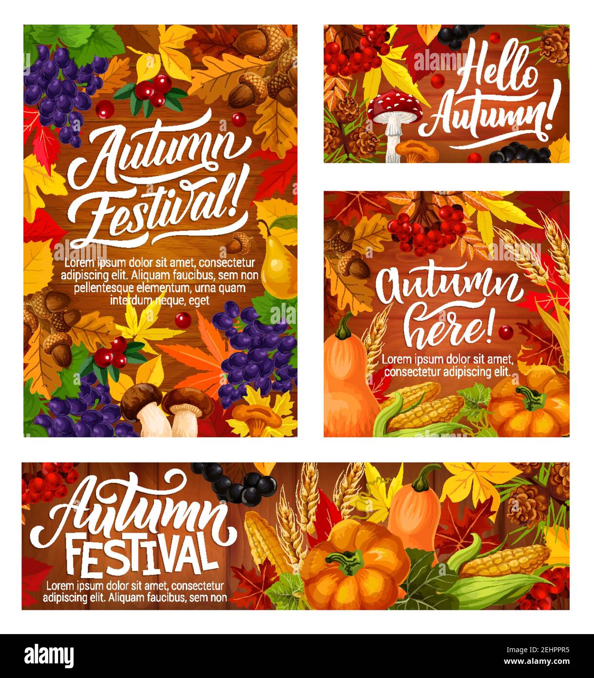 Autumn festival banners with fall leaves and harvest of vegetables ...