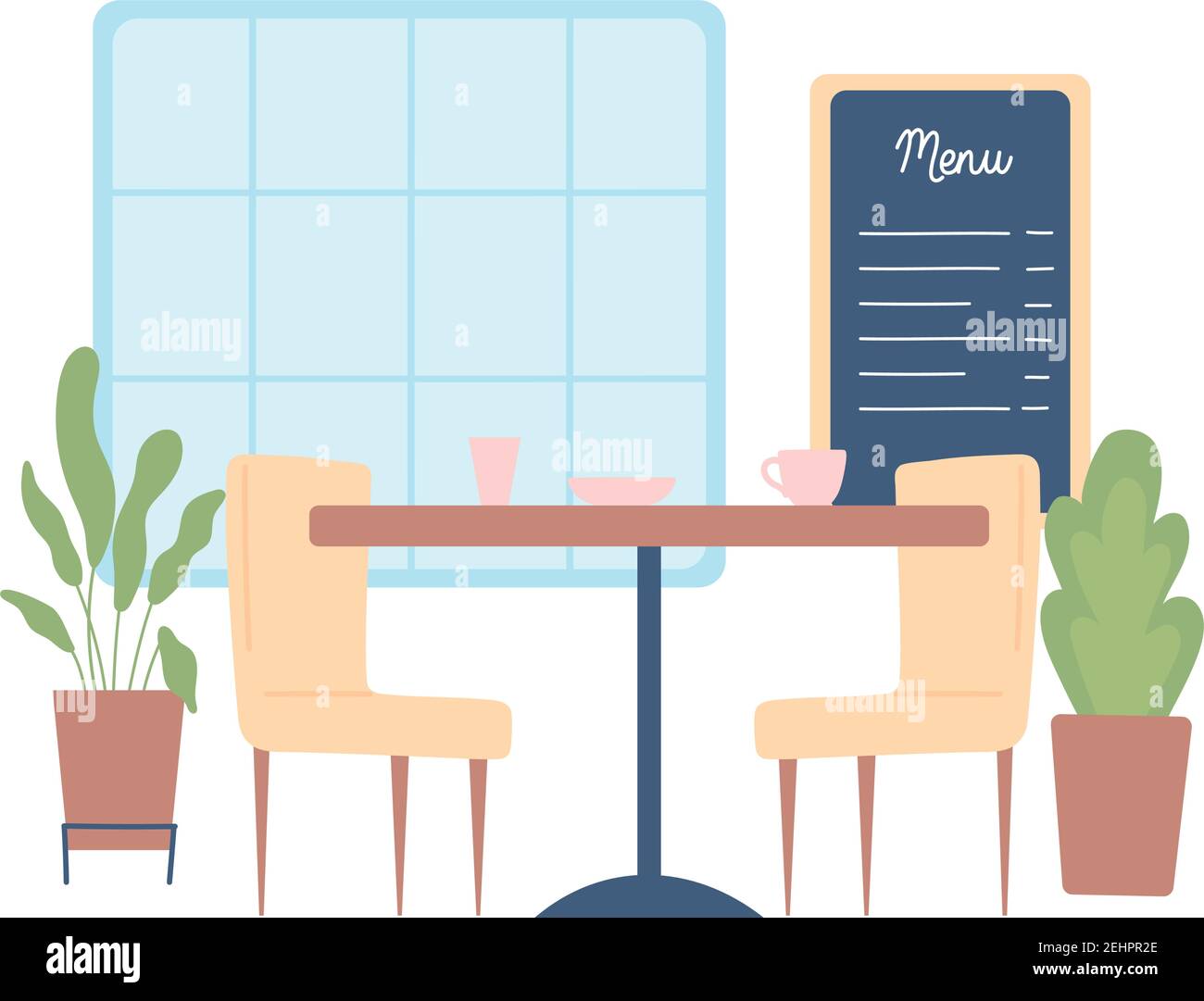 restaurant menu interior table chairs coffee cups and plants vector ...