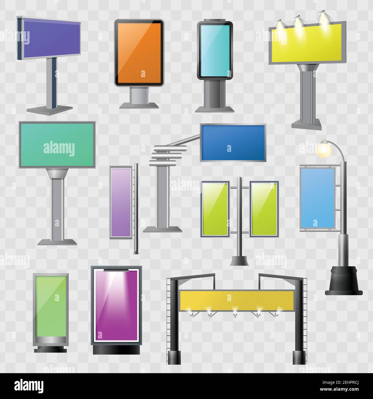 Street advertisement colored element set with billboards for different ...