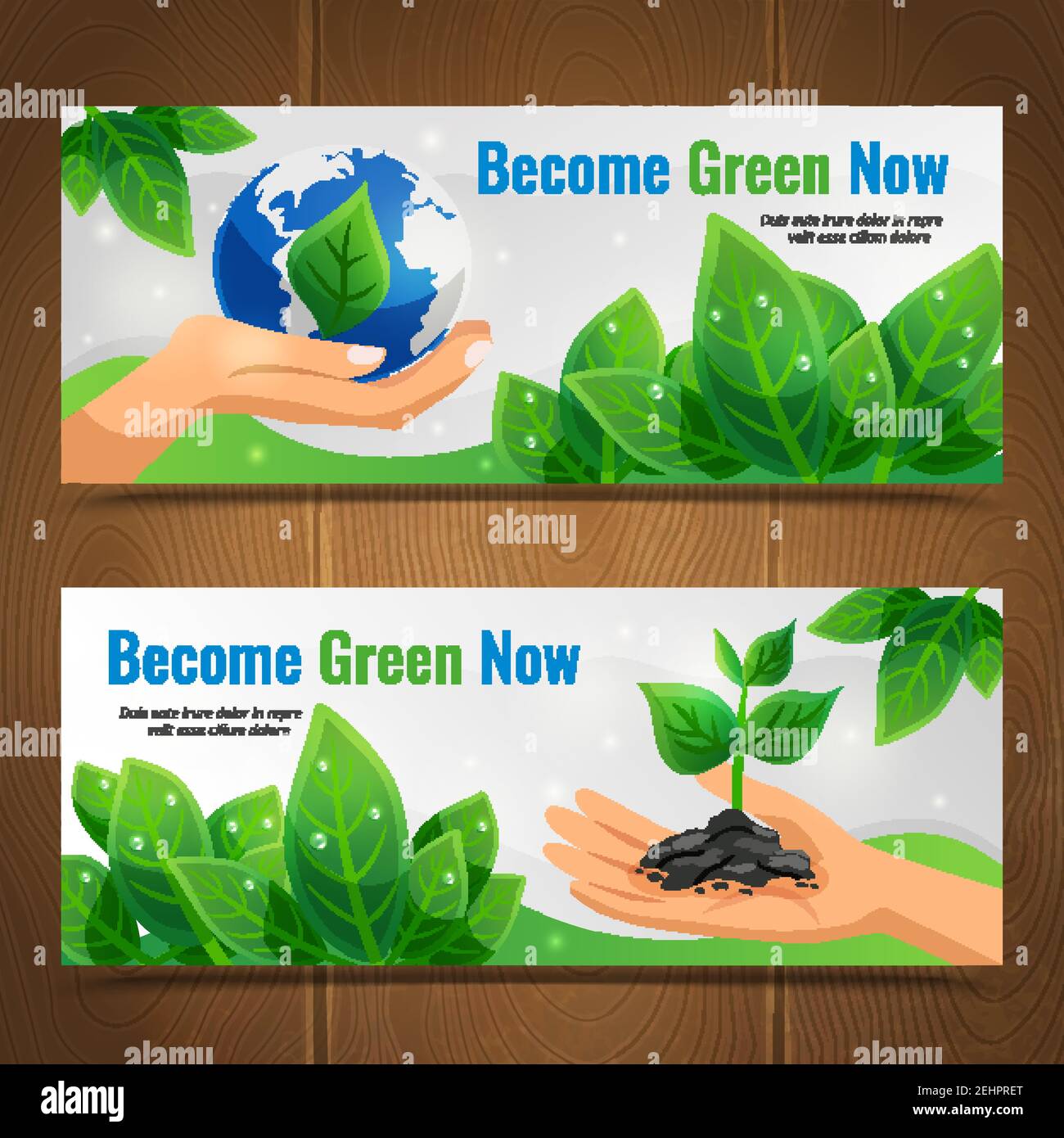 Two ecology horizontal banner set with become green now headlines and ...