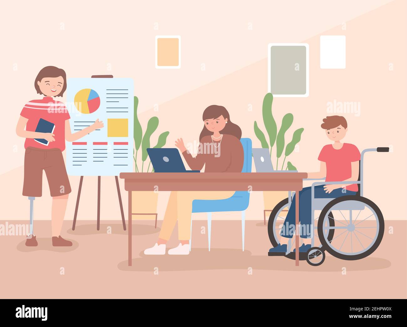 invalid man in wheelchair and man with leg prosthesis, office work ...