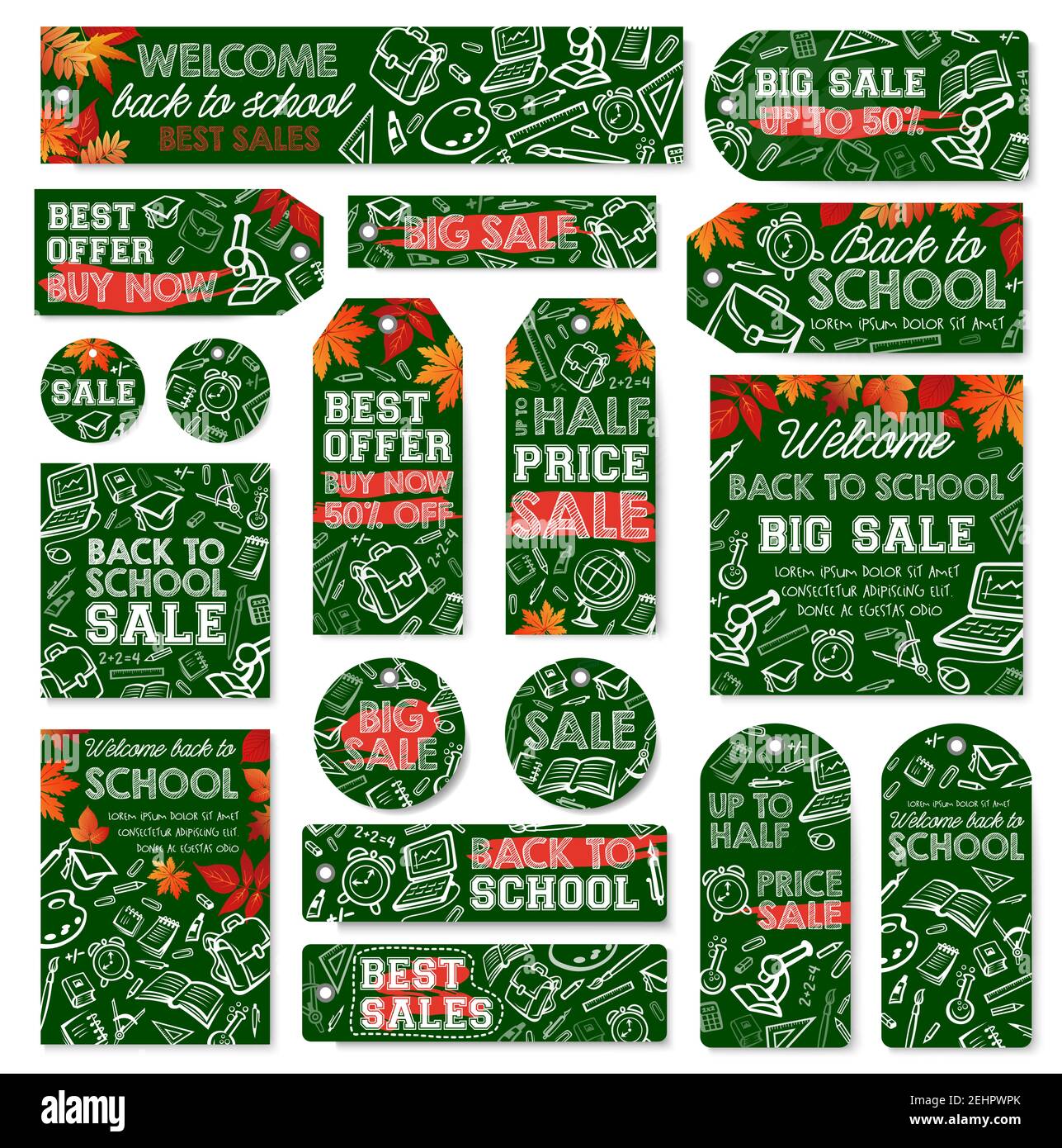 School supplies sale tag and back to school special offer label set ...