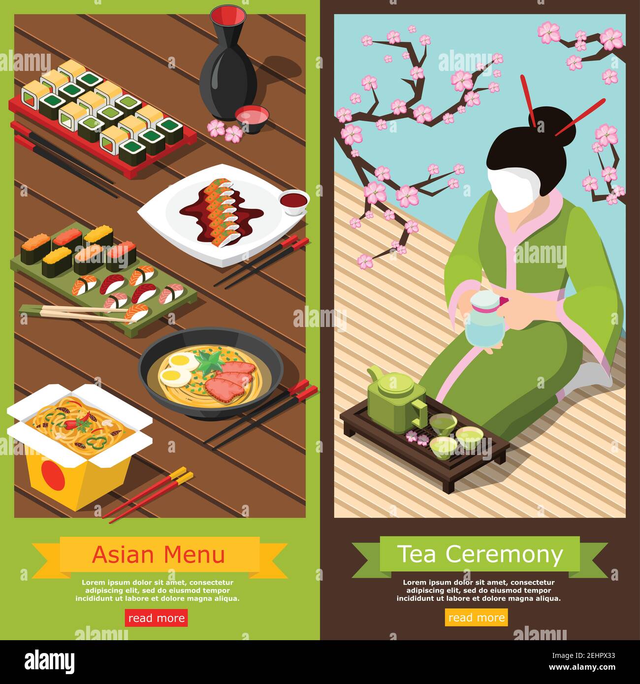 Isometric vertical banners set with diversified menu in sushi bar and ...