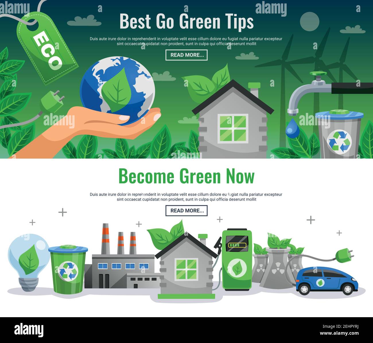 Two ecology banner set with best to green tips become green now ...