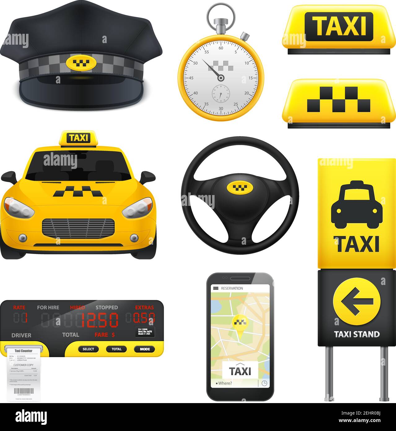 Taxi sign set of isolated motor cab driving wheel taximeter smartphone ...