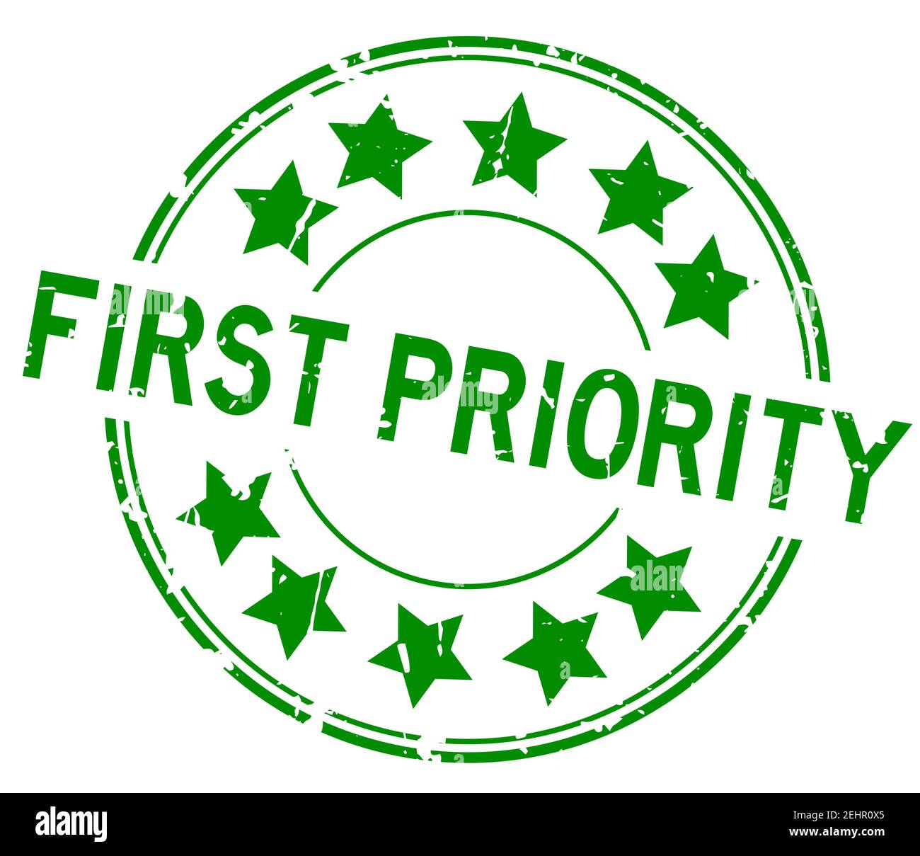Grunge green first priority word with star icon round rubber seal stamp ...
