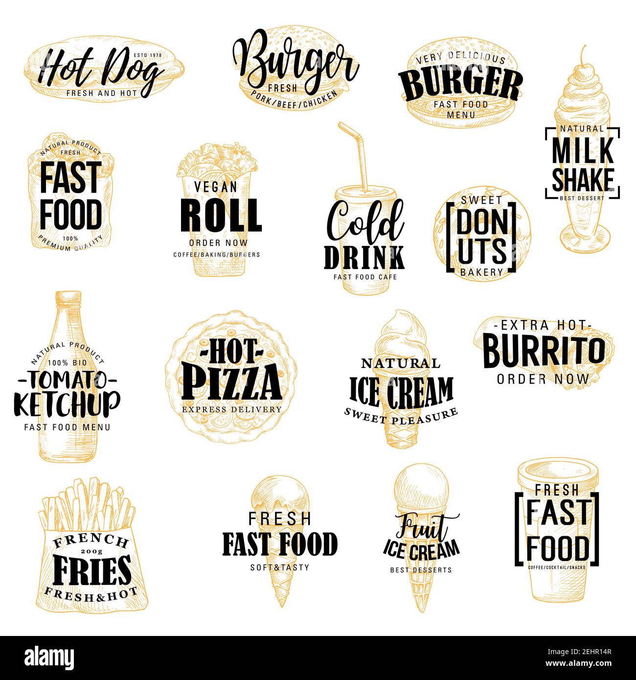 Fast food snacks and drinks icons with hand drawn lettering. Burger ...