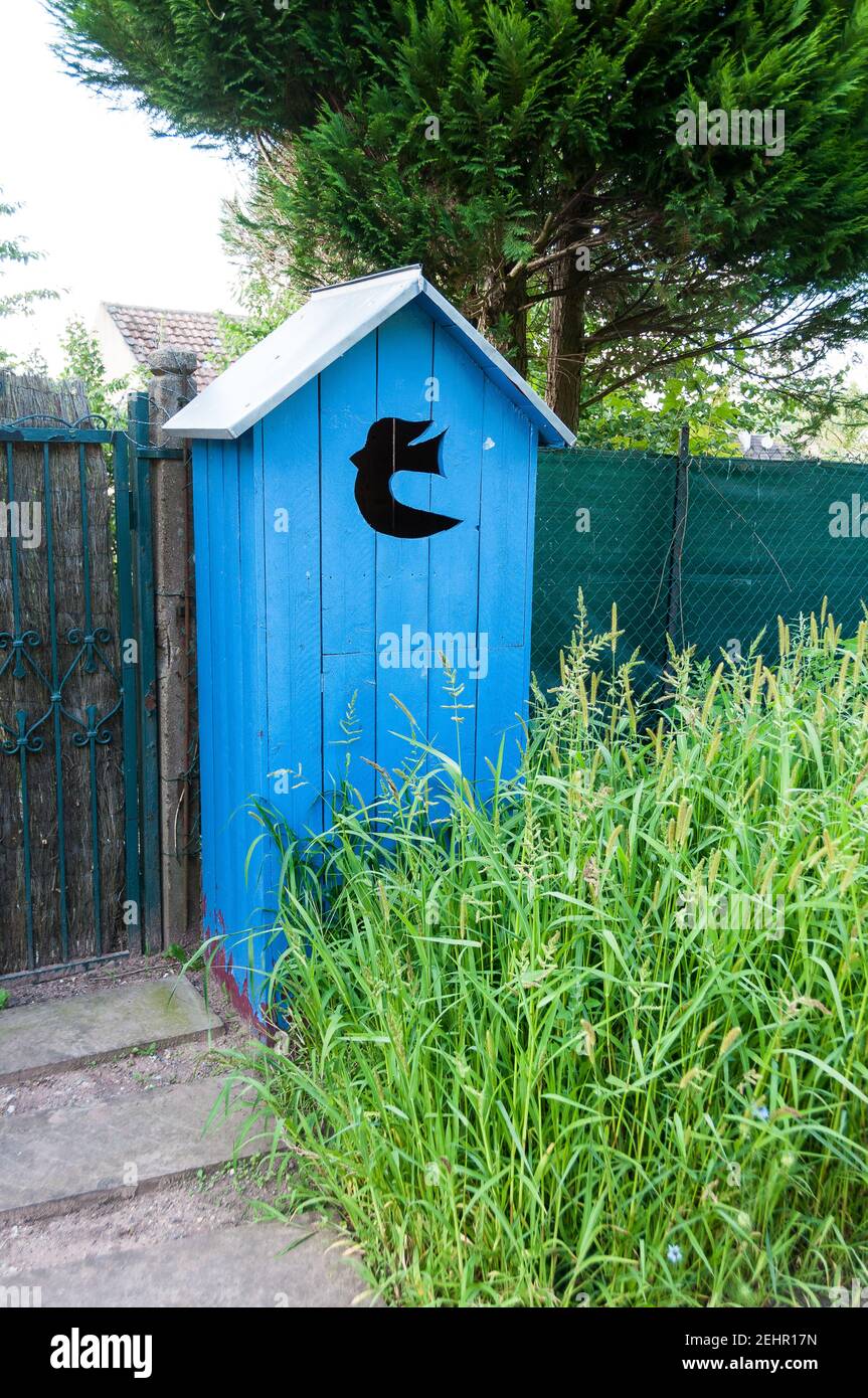 blue wooden hut in a garden Stock Photo - Alamy