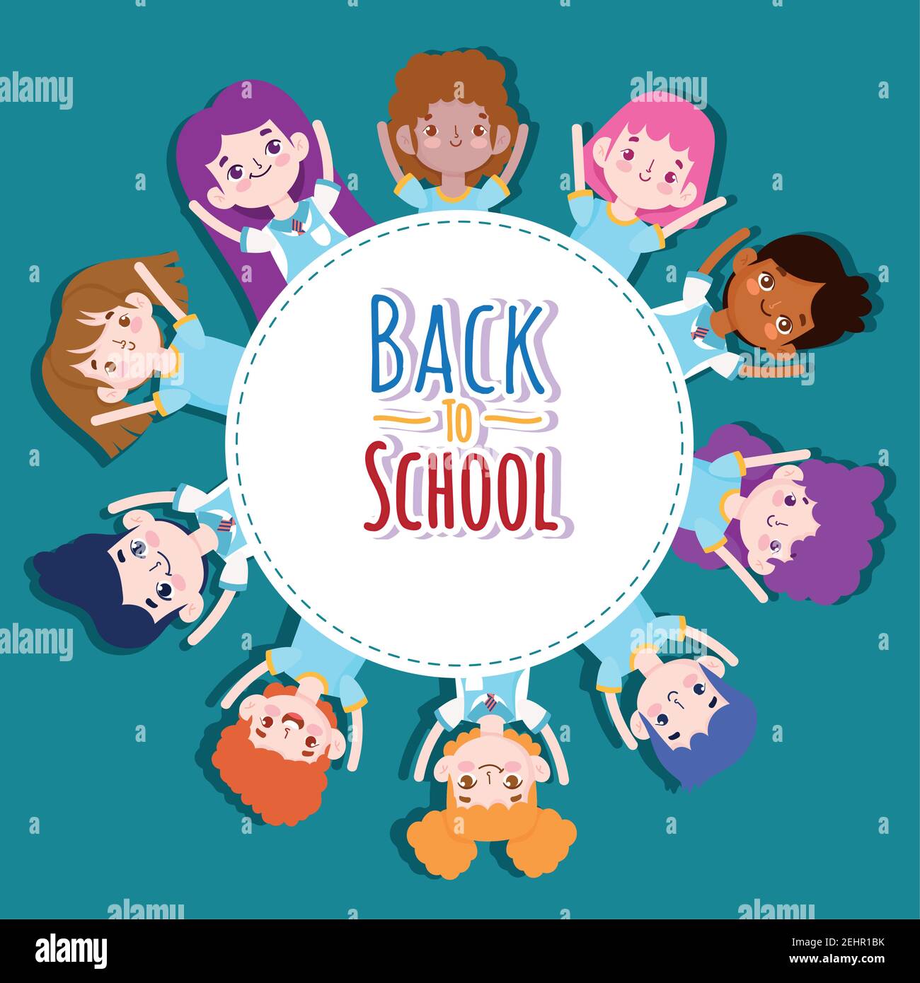 Back to School badge, group students cartoon character vector ...