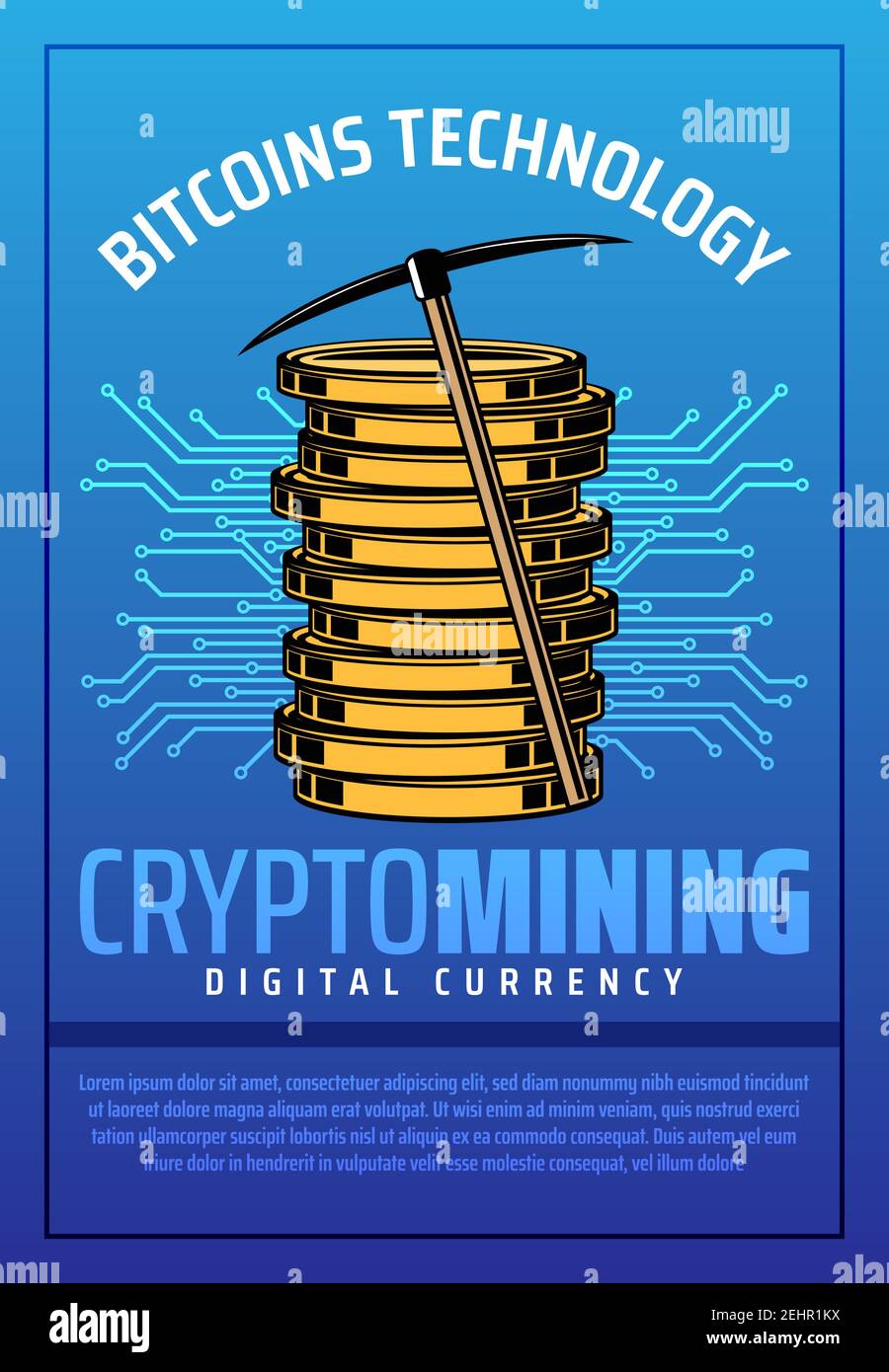 Bitcoin mining, virtual crypto currency and internet business technology . Golden coins of ...