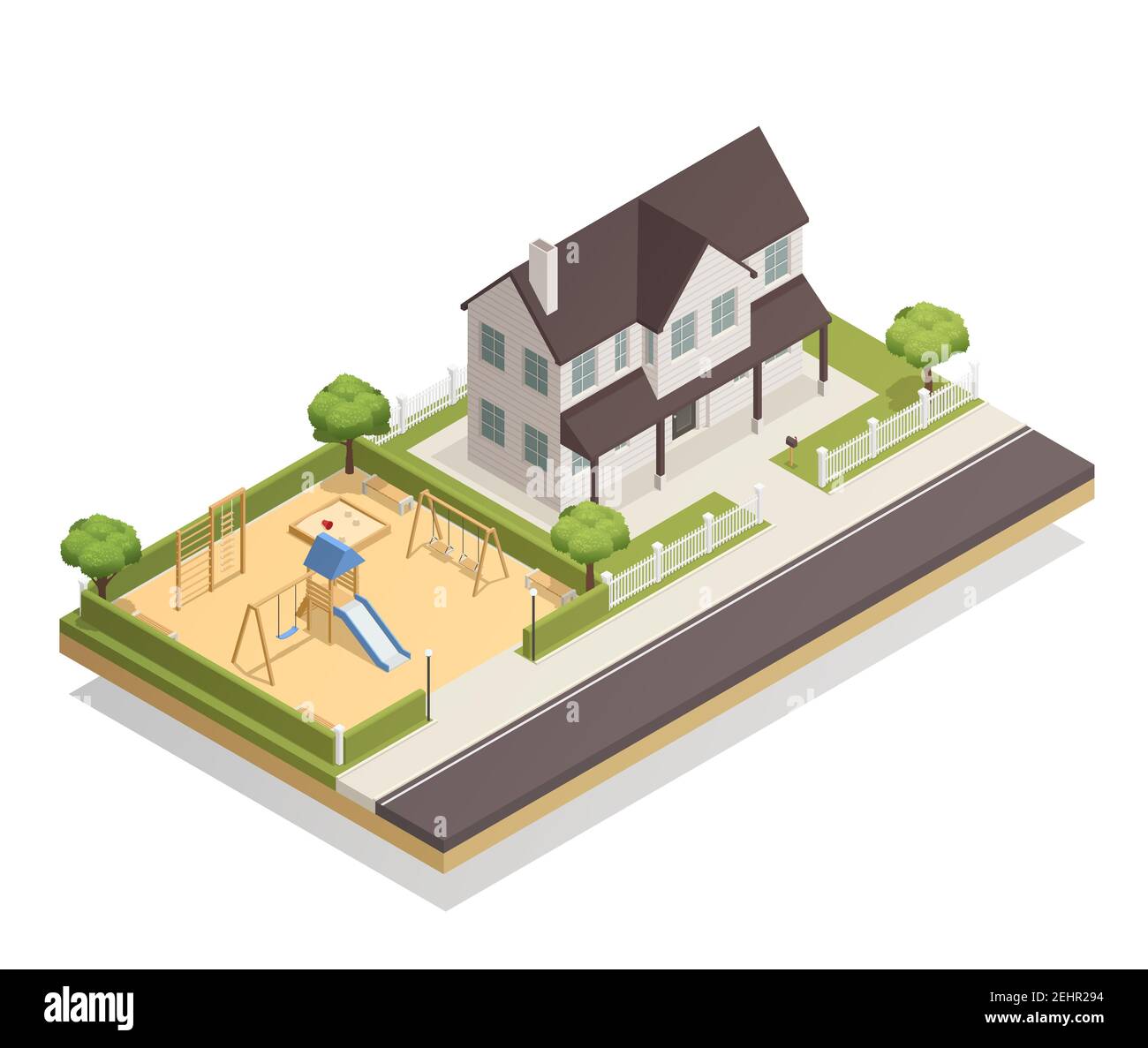 Children playground with swings, slide, sandbox, benches near ...