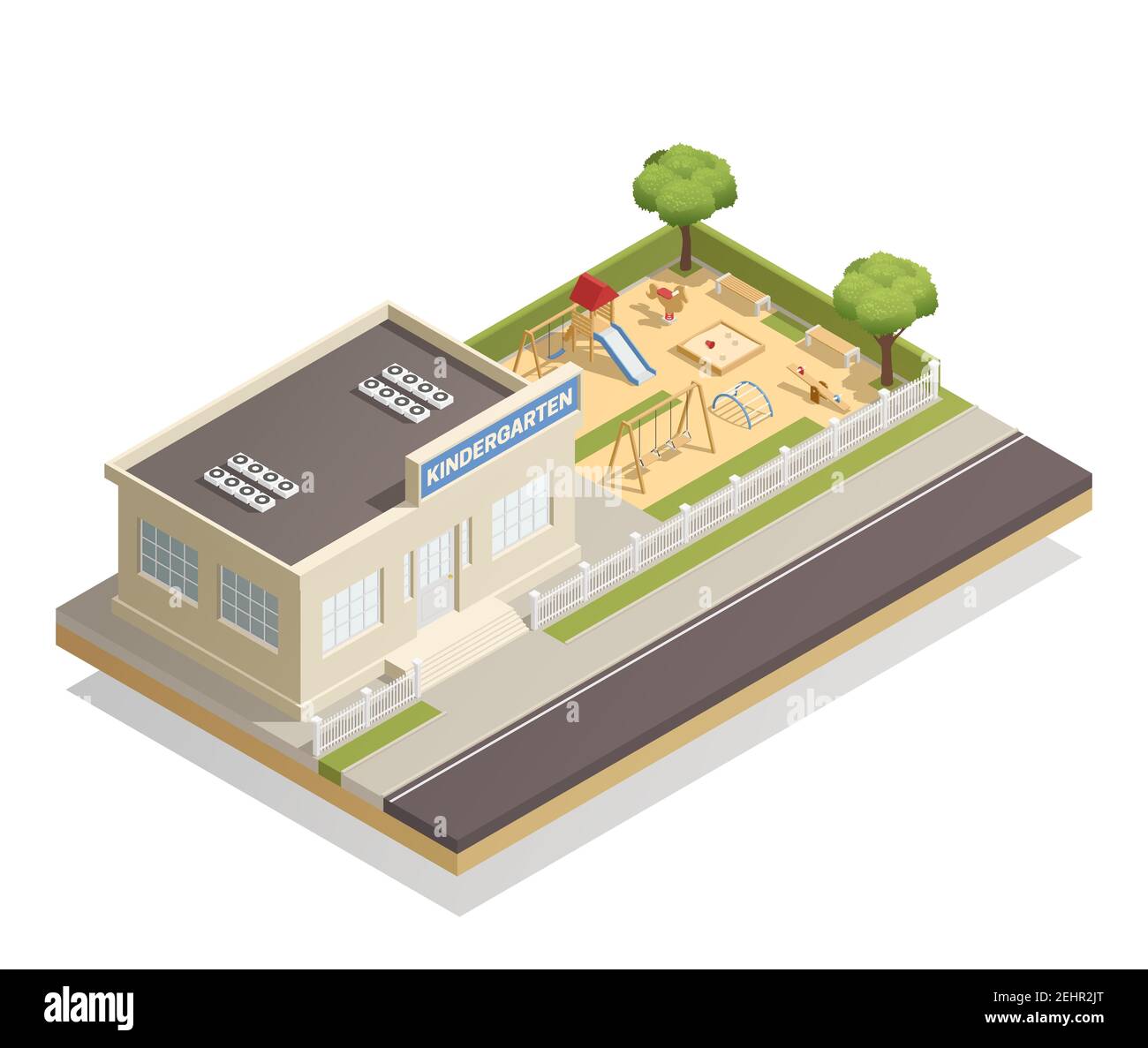 Kindergarten building with trees and children playground with slide ...