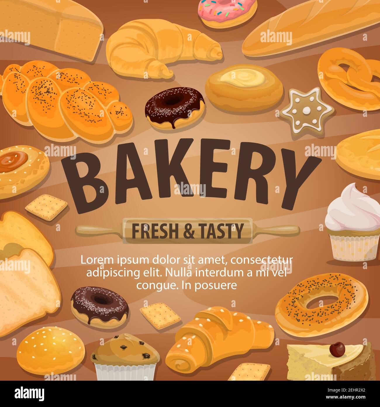 Bakery shop, bread and sweet pastry. Loaf of wheat bread and french ...