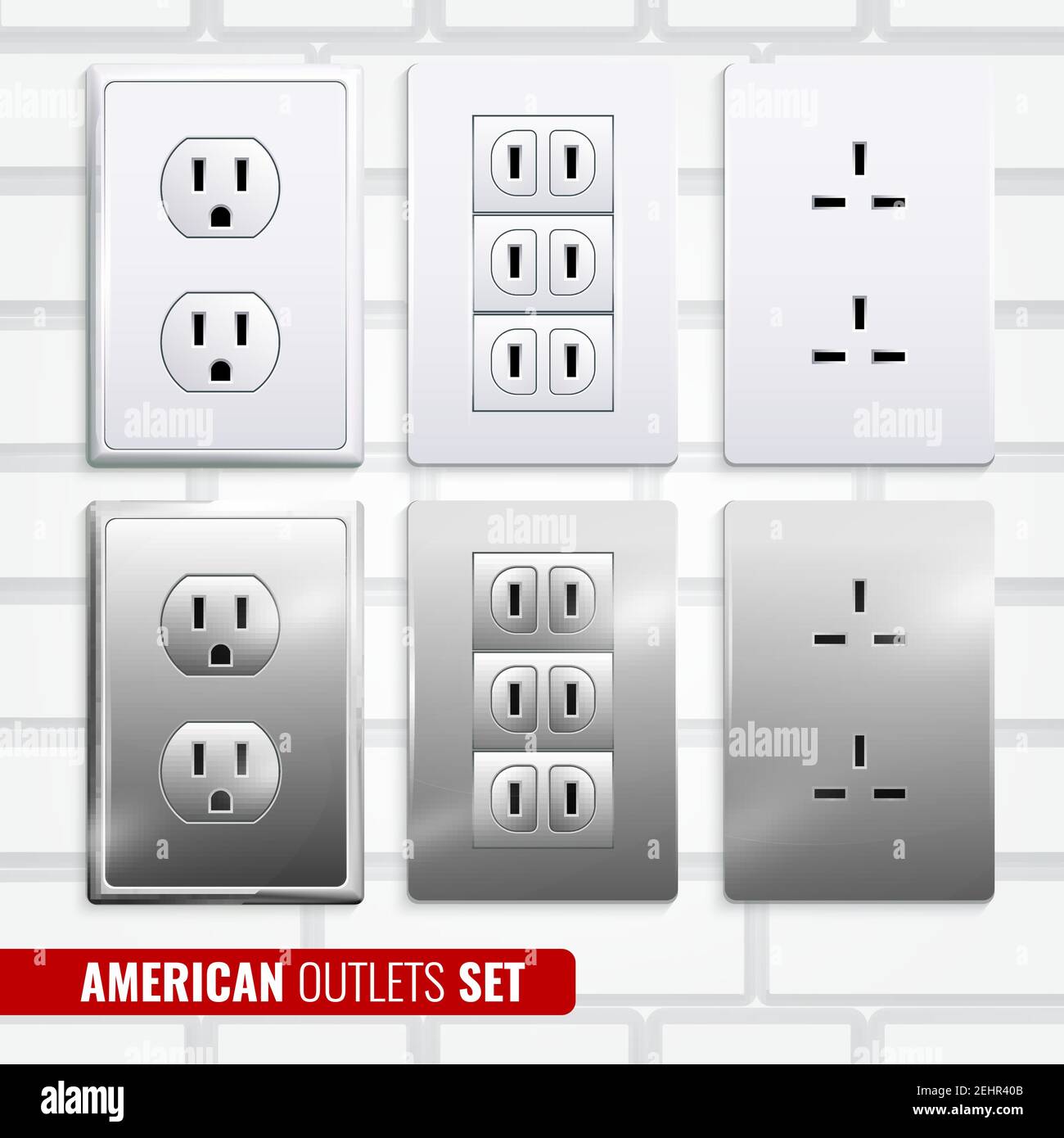 Set of american outlets at white plastic plates isolated on light brick ...