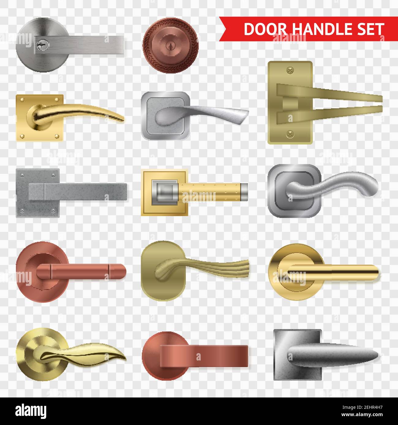 Realistic door handle transparent set with isolated images of metal ...