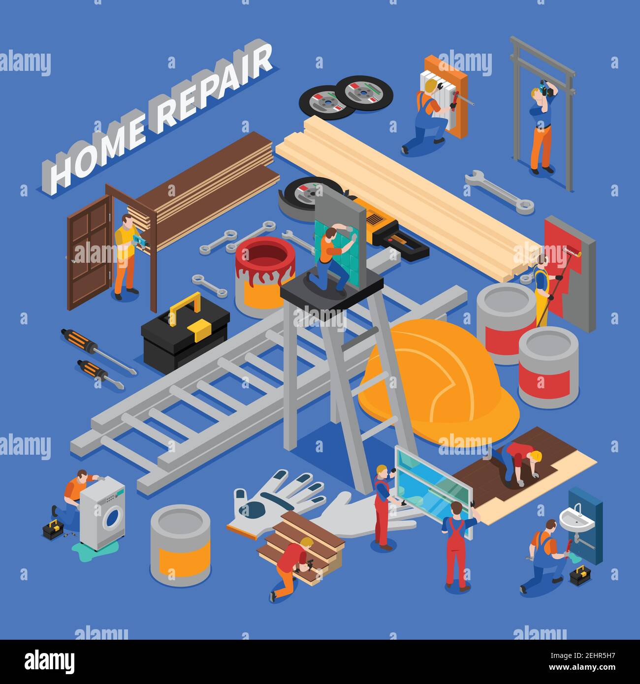 Isometric colored home repair worker people composition with combined ...