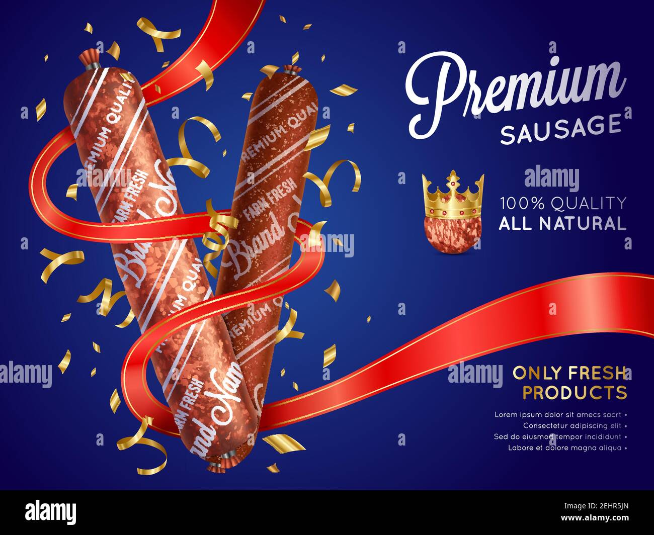 Realistic premium fresh natural sausage poster with quality symbols ...
