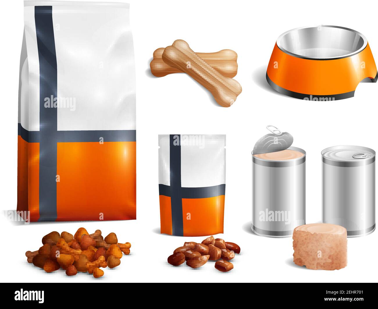 Colored isolated dog food icon set with feed bowl for feed and package ...